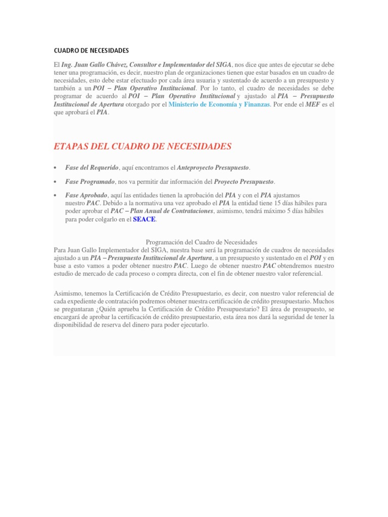 Cuadro de Necesidades | PDF