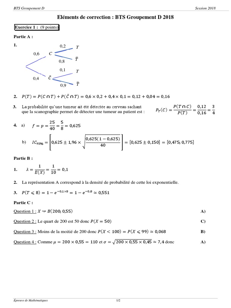BTS - BIOAC (2018) Correction | Physique et mathématiques | Mathématiques