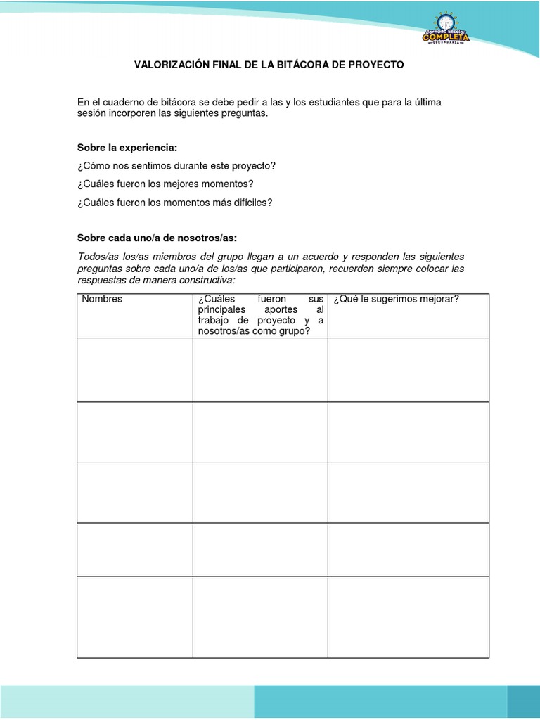 Valoración de la Bitácora de Proyecto | PDF