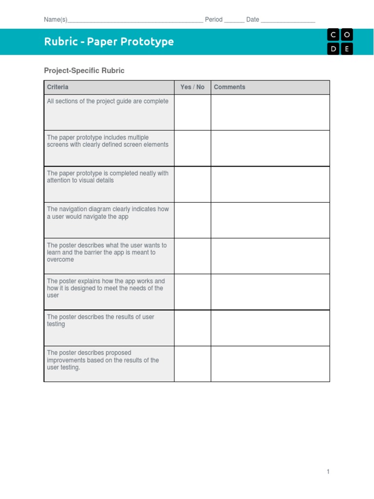 U4 Rubric - Paper Prototype | PDF