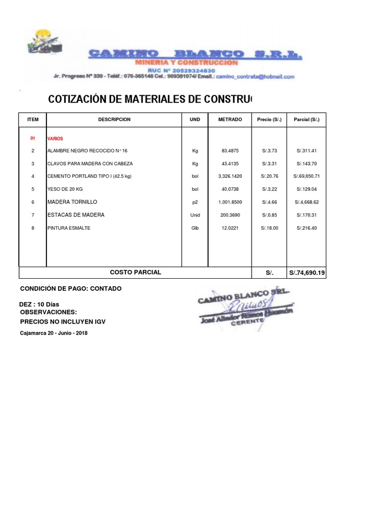 Cotización de materiales de construcción para proyecto de vivienda | PDF