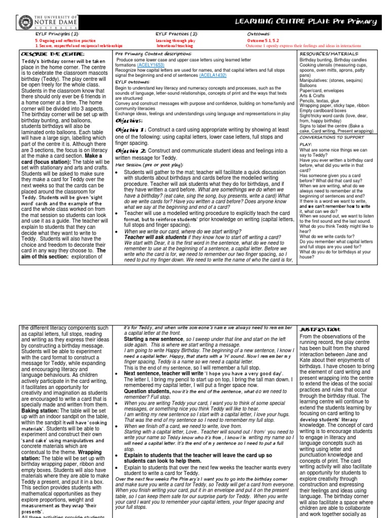 Learning Centre Plan: Pre Primary | PDF | Literacy | Teachers