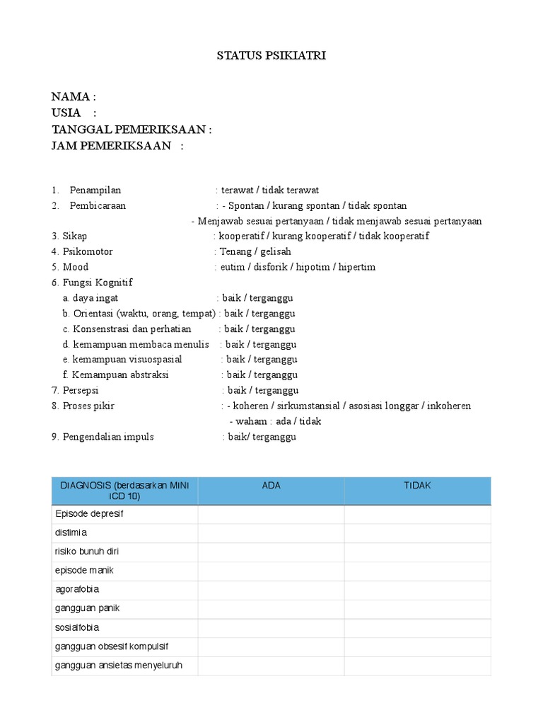 Status Psikiatri Pemeriksaan Kesehatan Jiwa PDF | PDF | Gaya Hidup