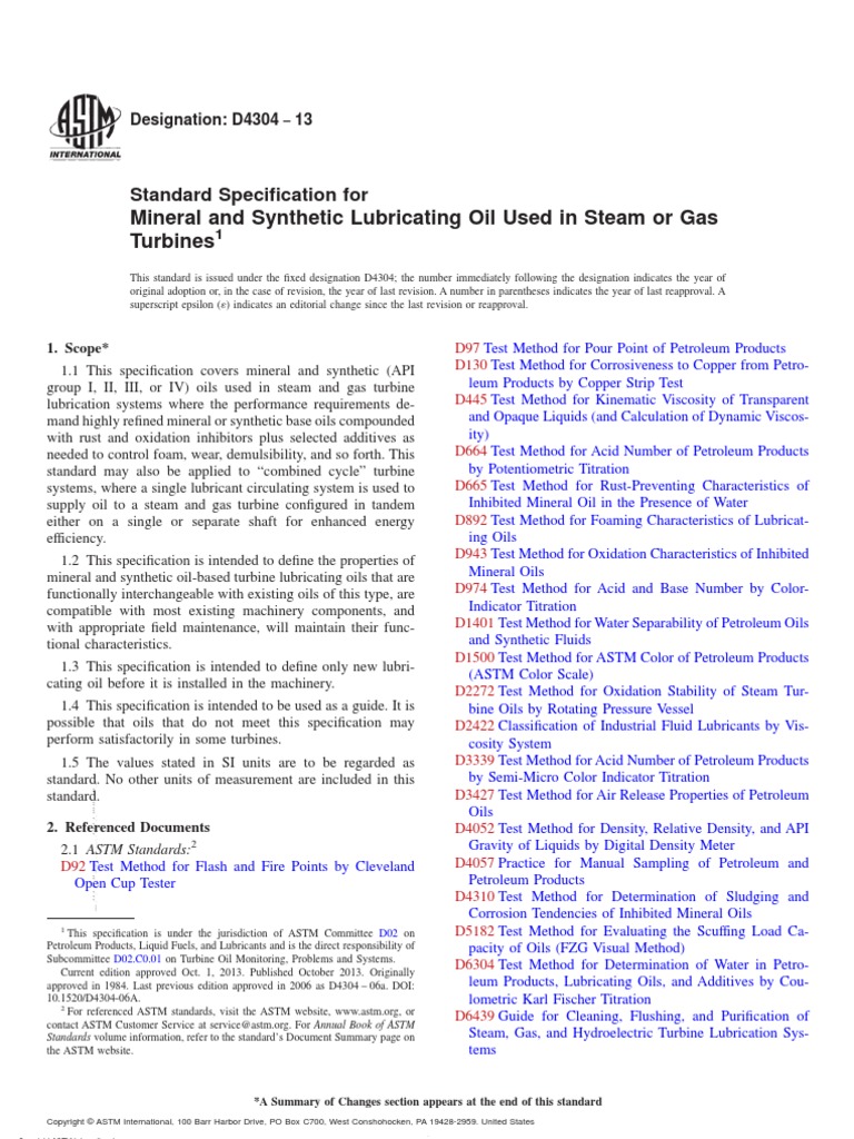 ASTM D4304 (2013) - Turbine New Oil | PDF | Motor Oil | Lubricant