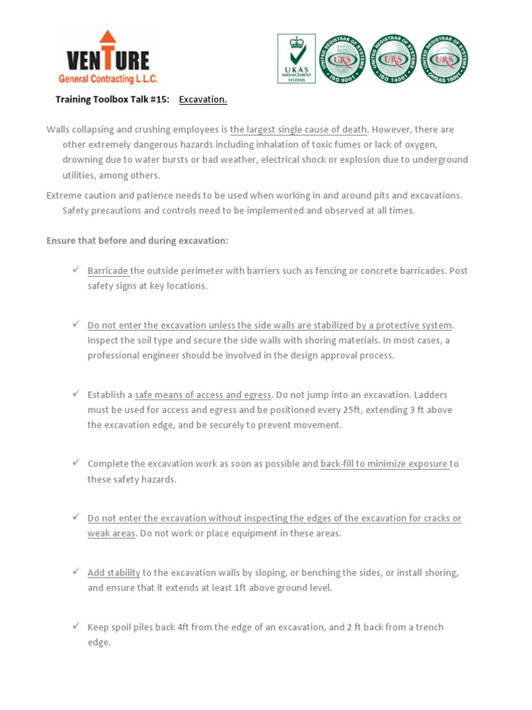 Training Toolbox Talk #15: Excavation.: Ensure That Before and During ...