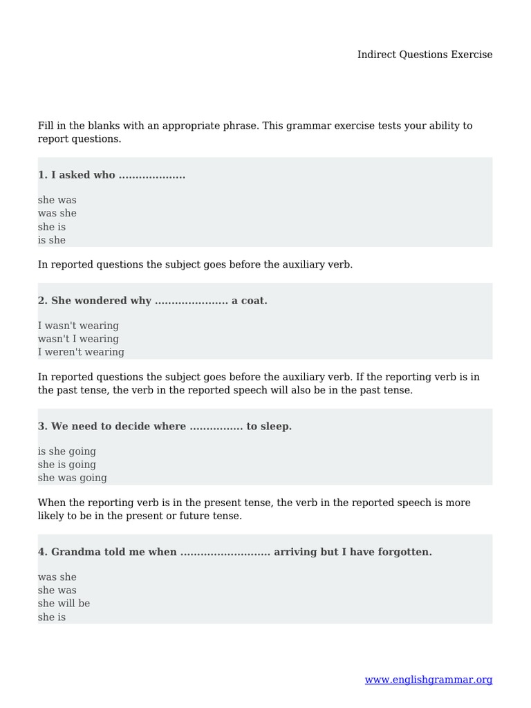 Indirect Questions Exercise | PDF | Verb | Linguistic Typology