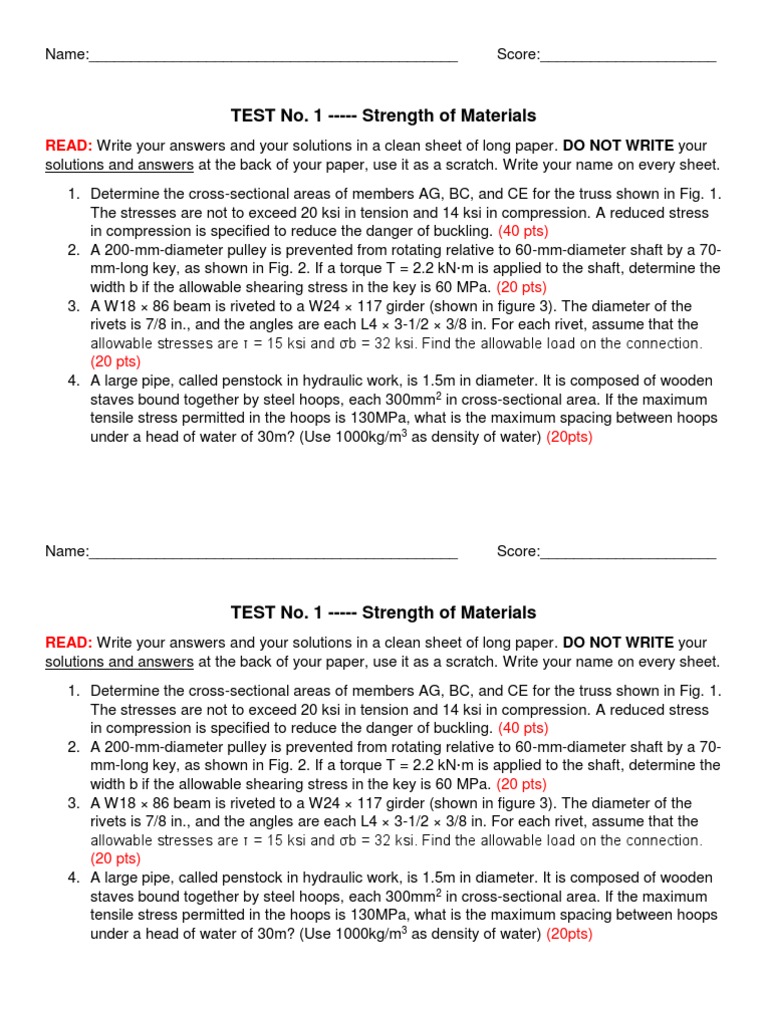TEST No. 1 - Strength of Materials: Read | PDF | Stress (Mechanics ...