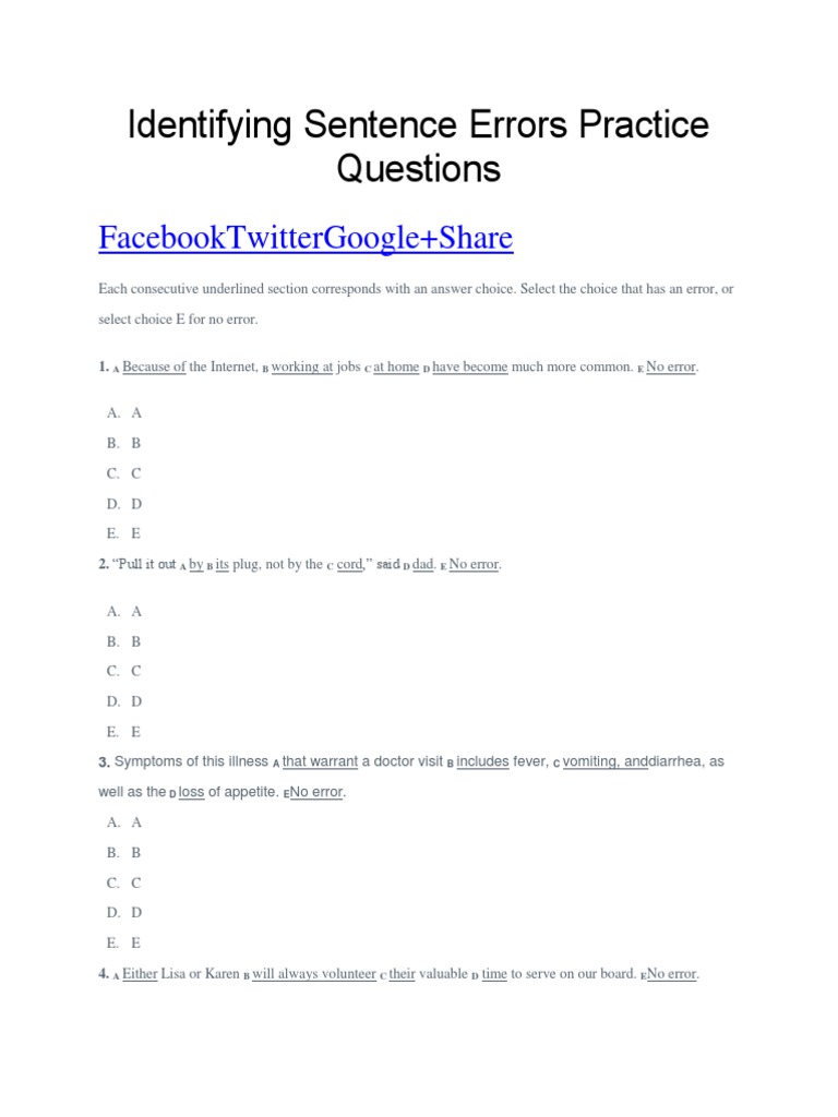 Identifying Sentence Errors Practice Questions | PDF | Grammatical Number | Verb