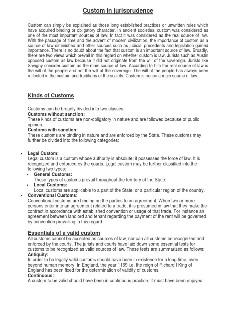 Custom in Jurisprudence: Kinds of Customs | PDF | Question Of Law ...