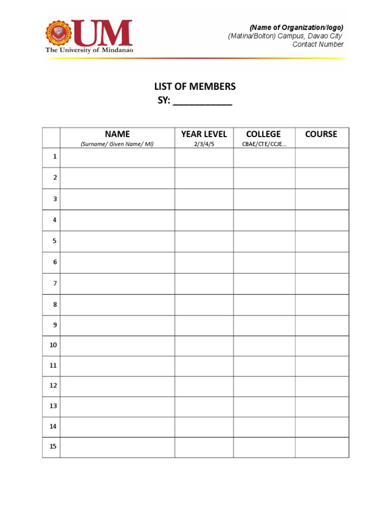 List of Members SY: - : Name Year Level College Course | PDF