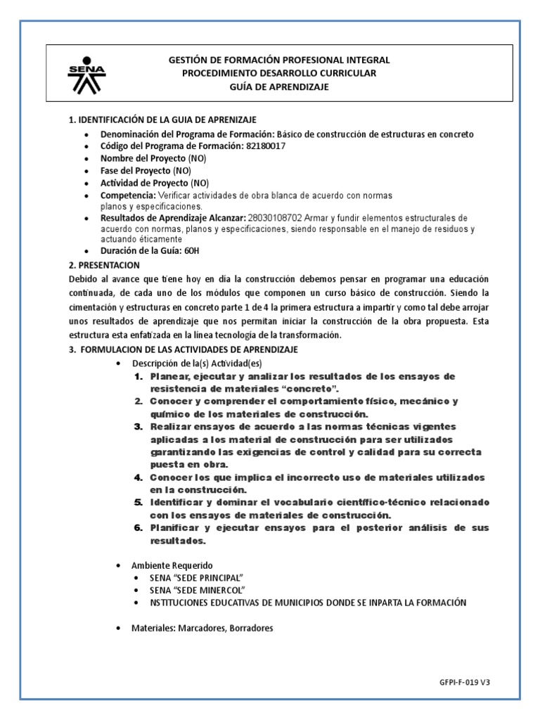 Gfpi-F-019 Formato Guia de Aprendizaje 2018 (Basico Construccion) | PDF | Hormigón | Evaluación