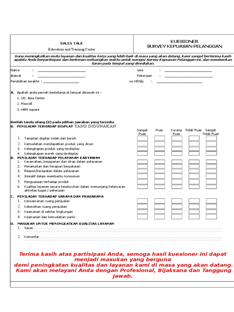 Form Survey Kepuasan Pelanggan | PDF