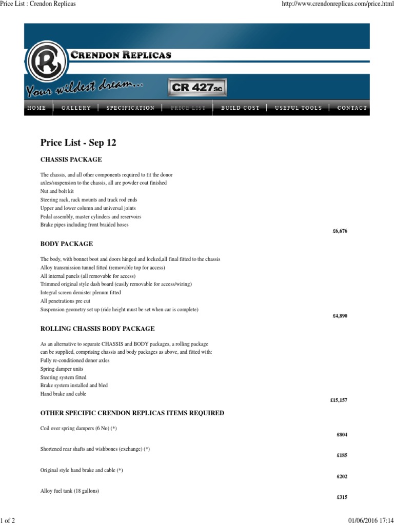 Price List Crendon Replicas | Download Free PDF | Axle | Private Transport