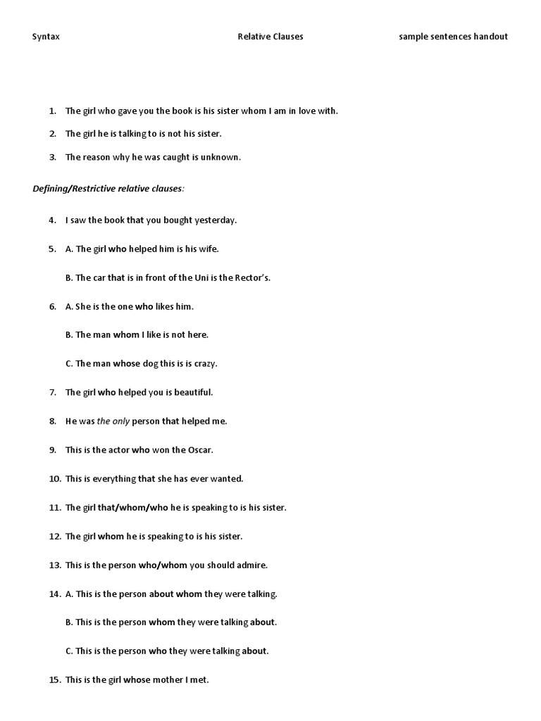 Relative Clauses Handout | PDF