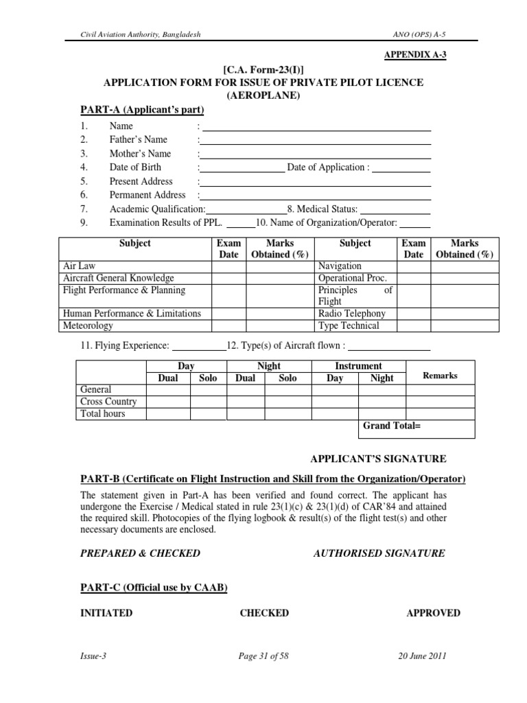 (C.A. Form-23 (I) ) Application Form For Issue of Private Pilot Licence ...