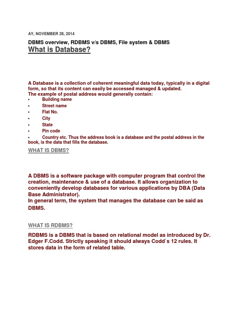 What Is Database?: DBMS Overview, RDBMS V/s DBMS, File System & DBMS | PDF | Relational Database ...