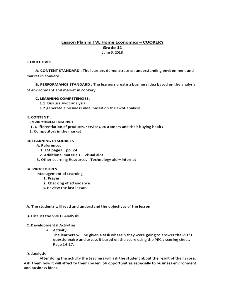 Lesson Plan in TVL Home Economics - COOKERY Grade 11: June 6, 2018 | PDF
