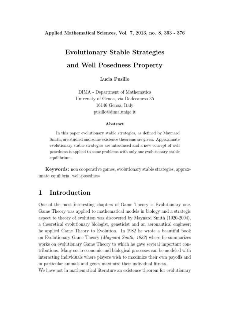 Evolutionary Stable Strategies and Well Posedness Property: Applied ...