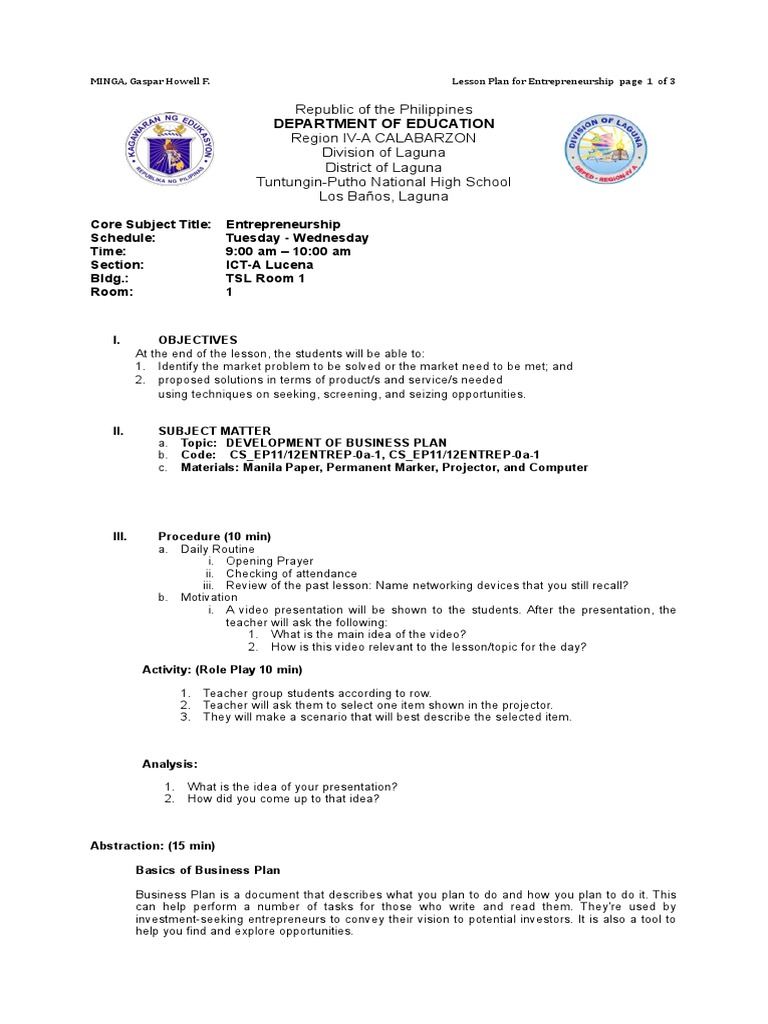 Lesson Plan (Entrepreneurship) | PDF | Business Plan | Entrepreneurship