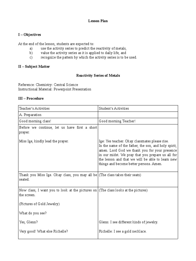 Lesson Plan 1 Activty Series | PDF | Silver | Metals