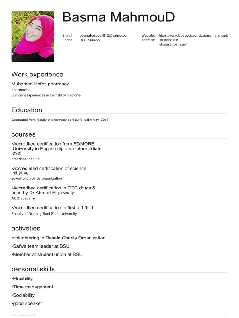 Basma Mahmoud: Pharmacist Profile & Certifications | PDF
