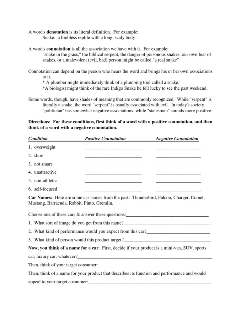 Connotation Denotation Worksheet 3 | PDF