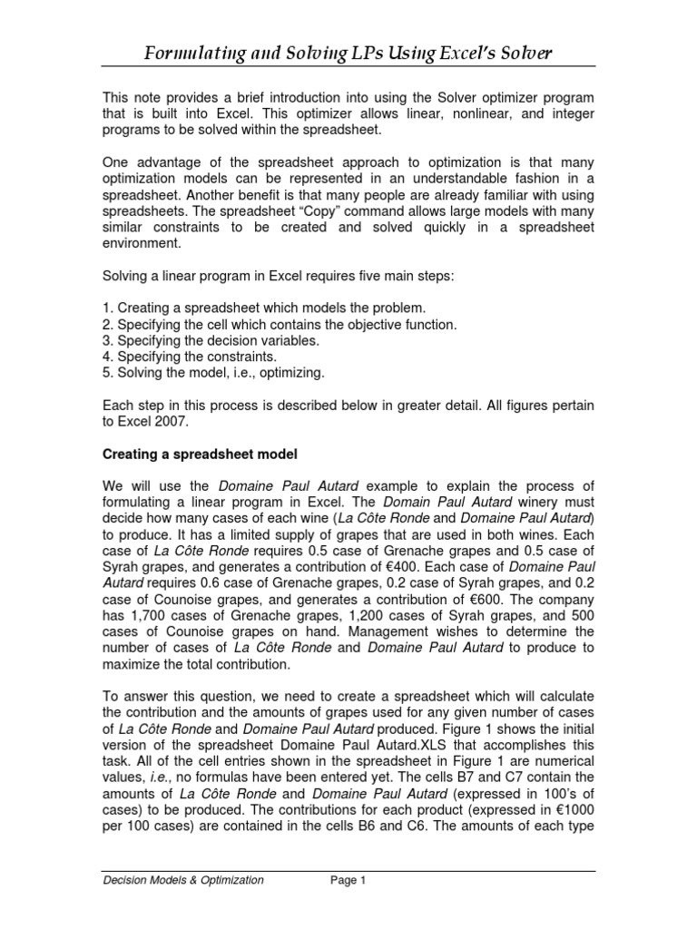 Formulating and Solving LPs Using Excel Solver | PDF | Mathematical ...