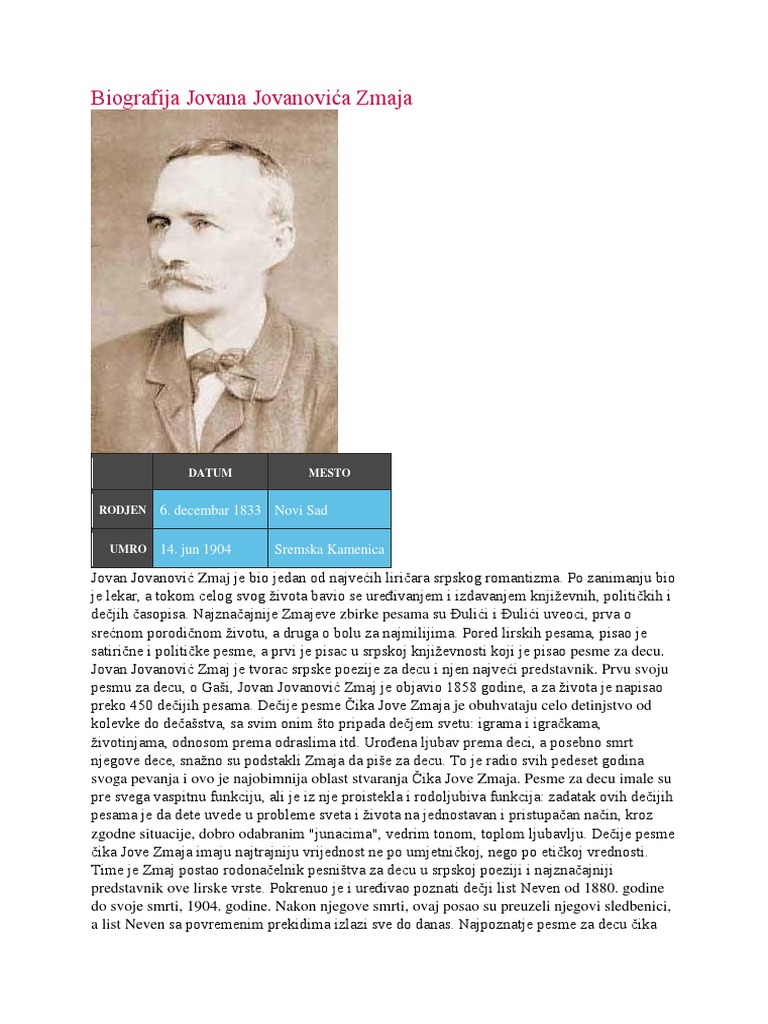 Biografija Jovana Jovanovića Zmaja | PDF