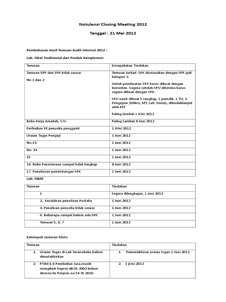 Notulensi Closing Meeting Audit Internal 2012 | PDF