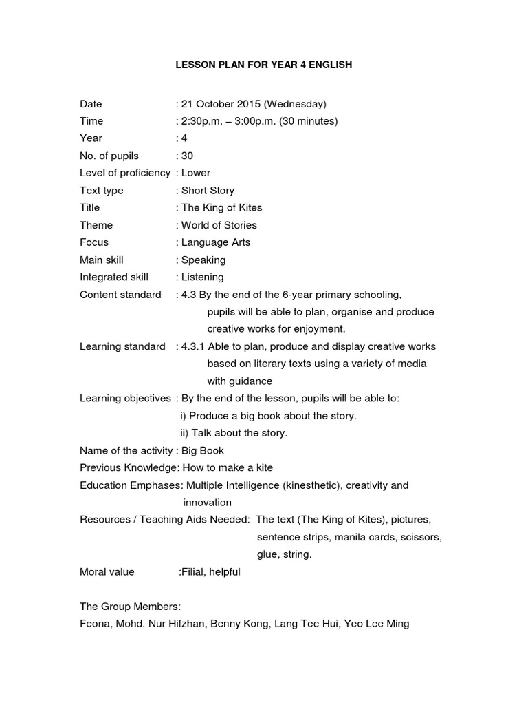 Lesson Plan For Year 4 English | PDF | Lesson Plan | Teachers