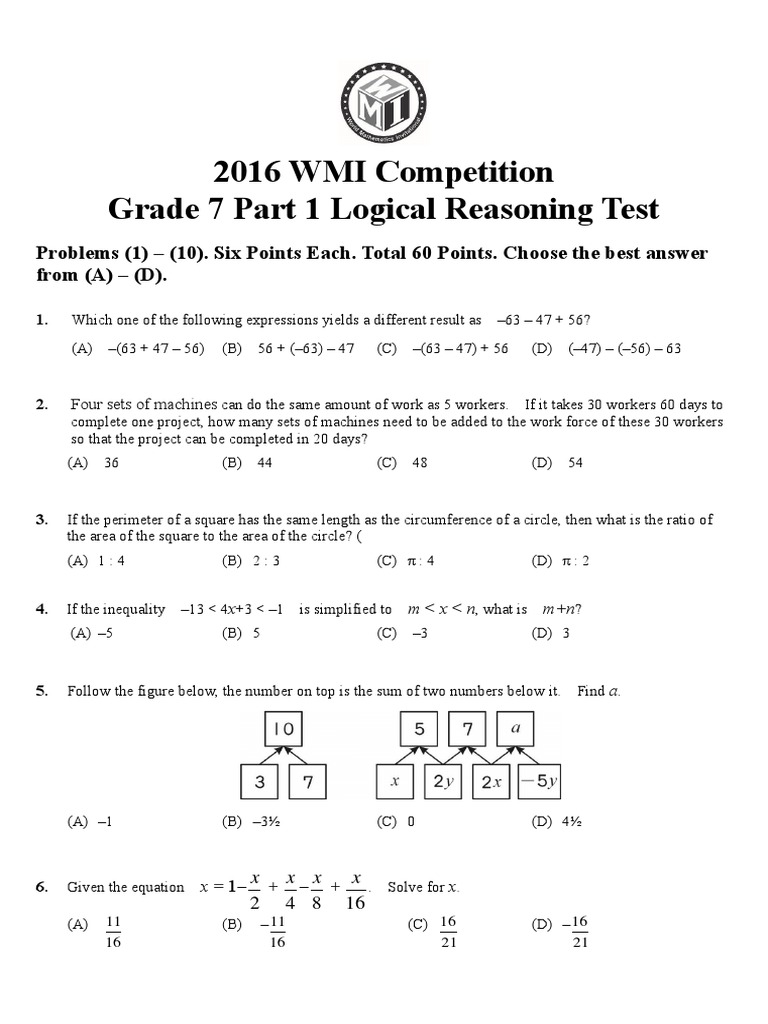2016 Grade 7 WMI Logical Test | PDF | Area | Geometry
