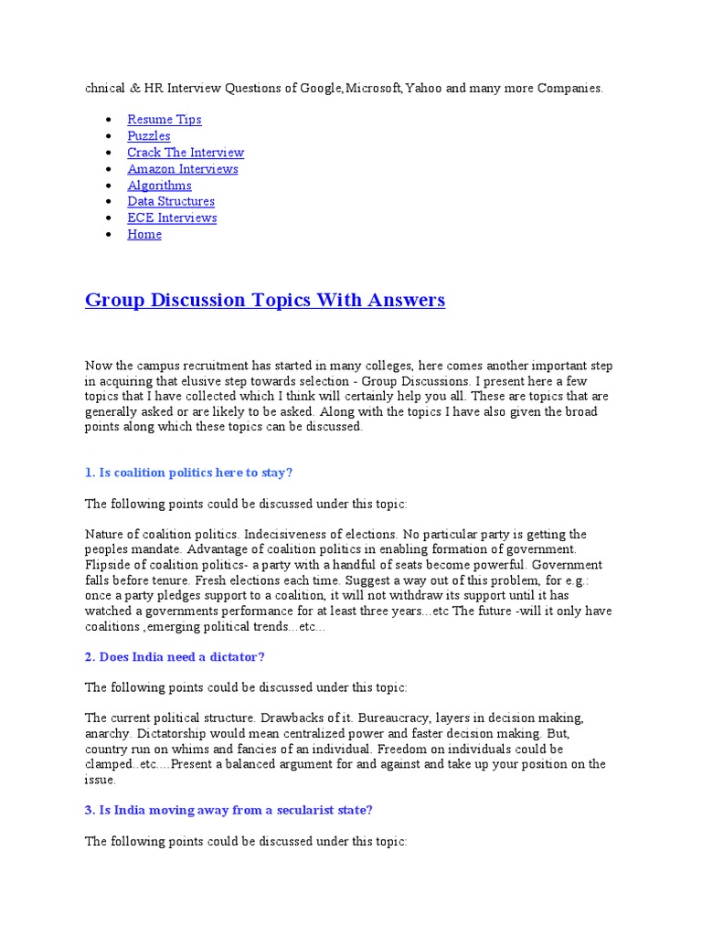 Group Discussion Topics With Answers | PDF | Leisure | Globalization