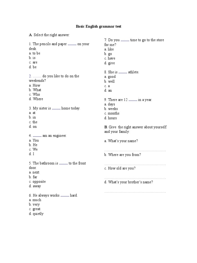Basic English Grammar Test A. Select The Right Answer | PDF