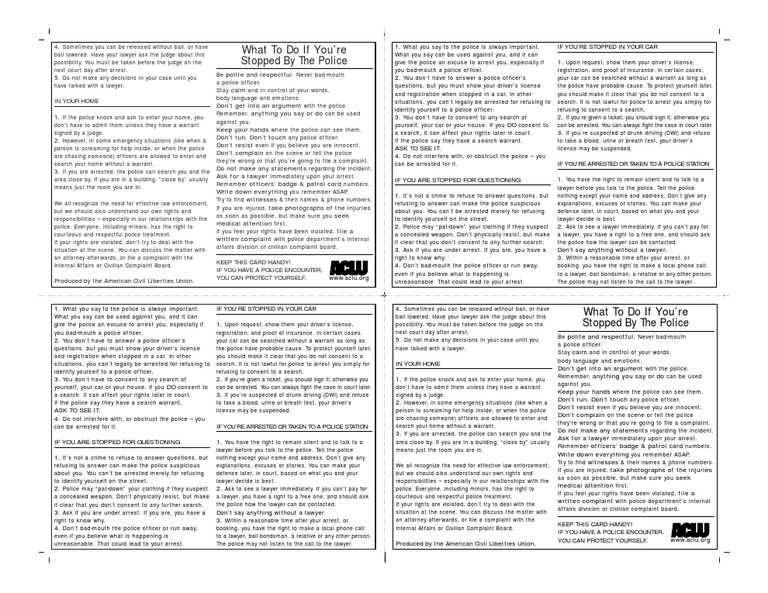 ACLU BUST CARD - Know Your Rights | PDF | Arrest | Probable Cause