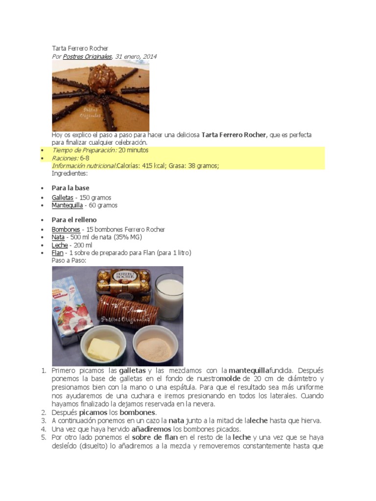 Tarta Ferrero Rocher Fácil y Deliciosa | PDF | Postres | Crema