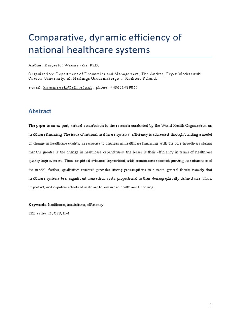 Comparative Efficiency of National Healthcare Systems PDF | PDF ...