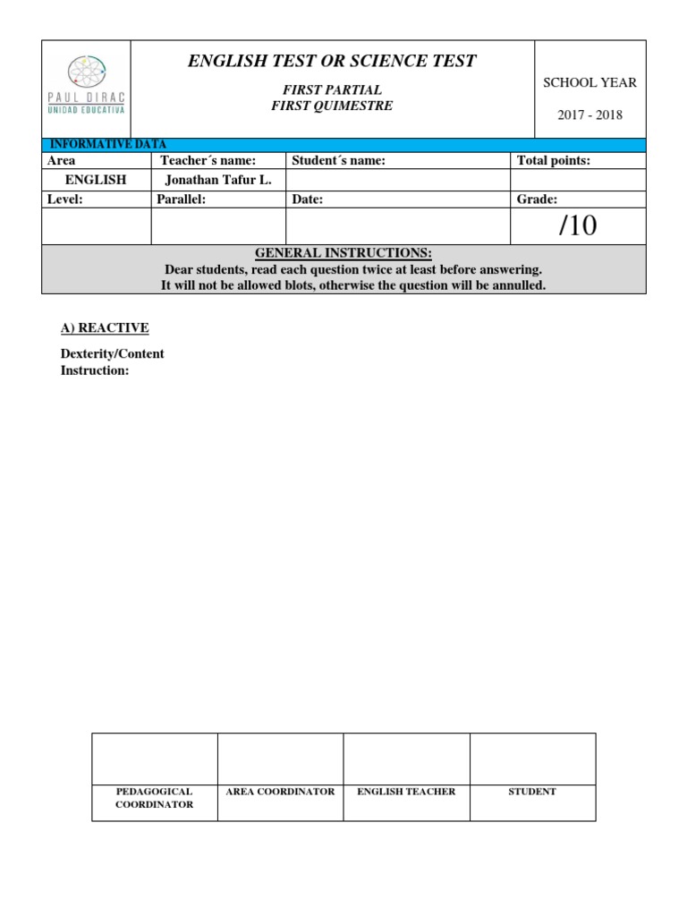 English Test Instructions 2017-2018 | PDF