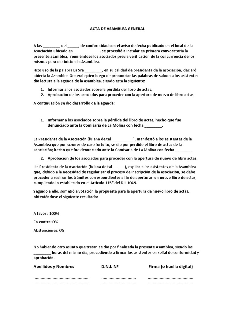Acta Asamblea Asociacion (Modelo) | Política | Gobierno
