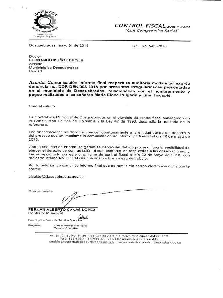 Oficio 545-2018 - Fernando Jose Muñoz - Alcalde - Informe Final Audit Expres Den 003-18 Irregul ...