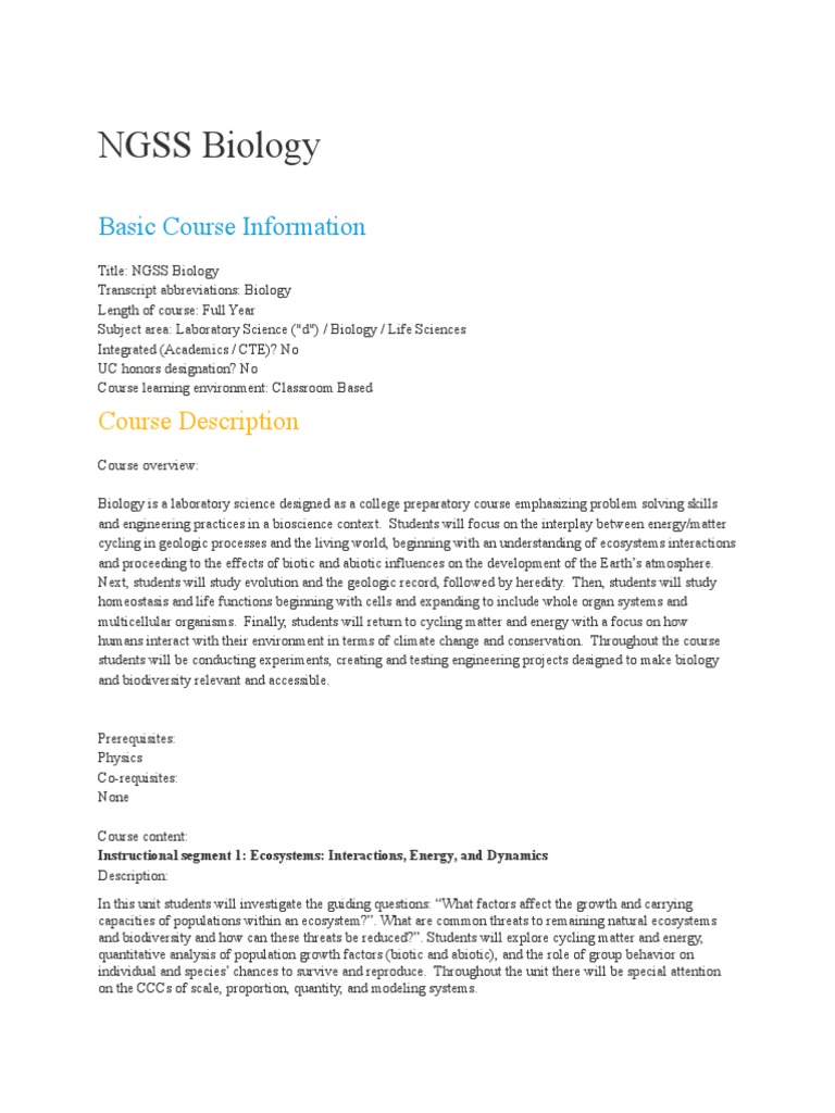 NGSS Biology Course Overview | PDF | Heredity | Genetics