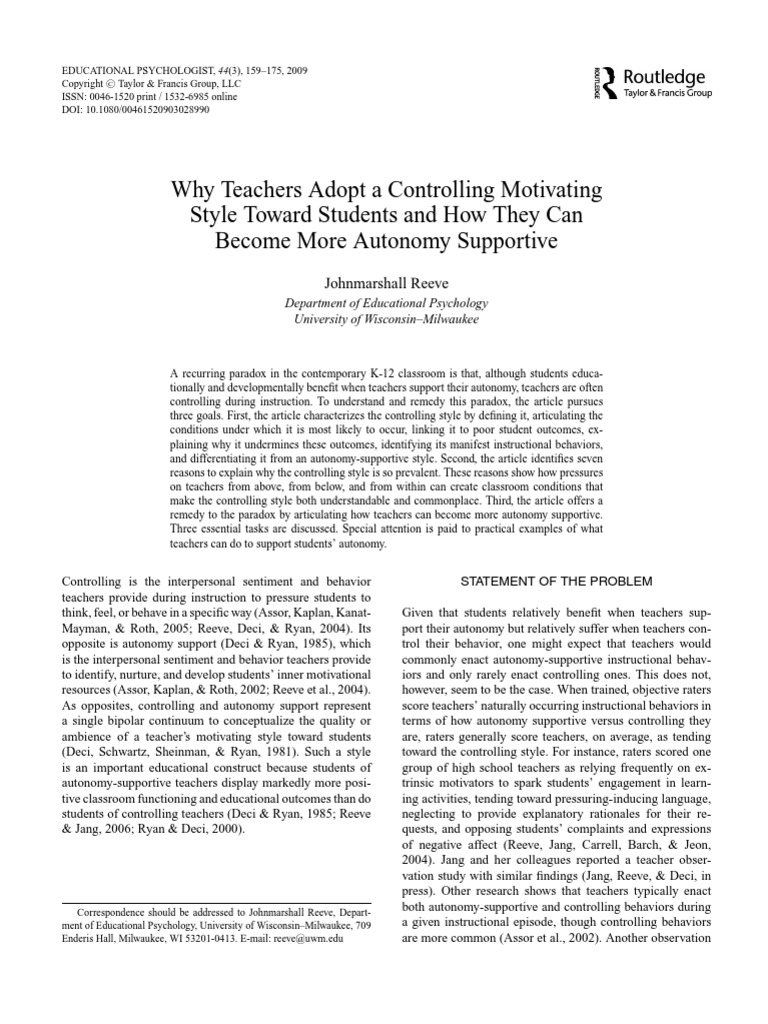 Why Teachers Adopt A Controlling Motivating Style Towards Students ...
