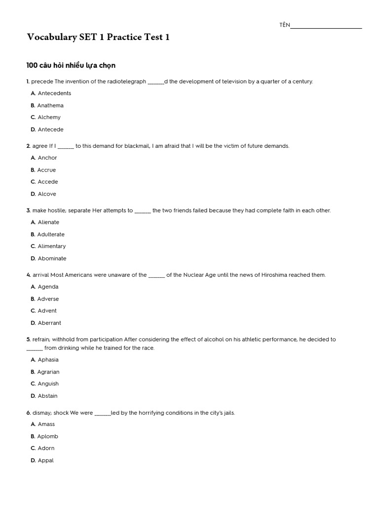 Vocabulary SET 1 Practice Test 1: 100 câu hỏi nhiều lựa chọn | PDF