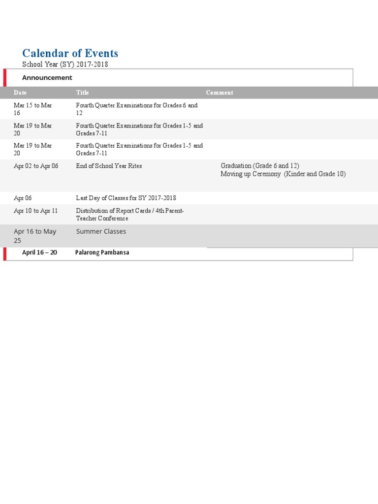 Calendar of Events: School Year (SY) 2017-2018 | PDF