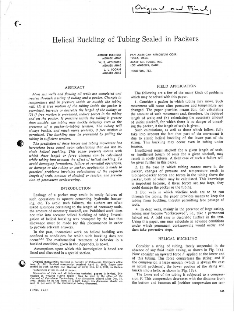 Lubinski - Helical Buckling of Tubing Sealed in Packers | PDF ...