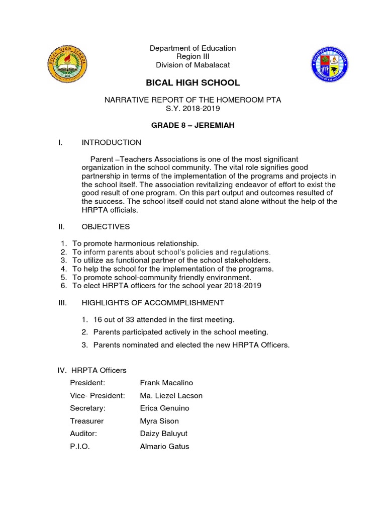 Narrative Report of The Homeroom Pta | PDF
