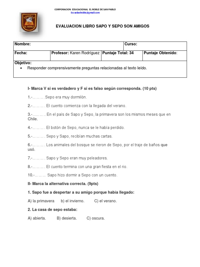 Evaluación sobre Sapo y Sepo | PDF | Ocio