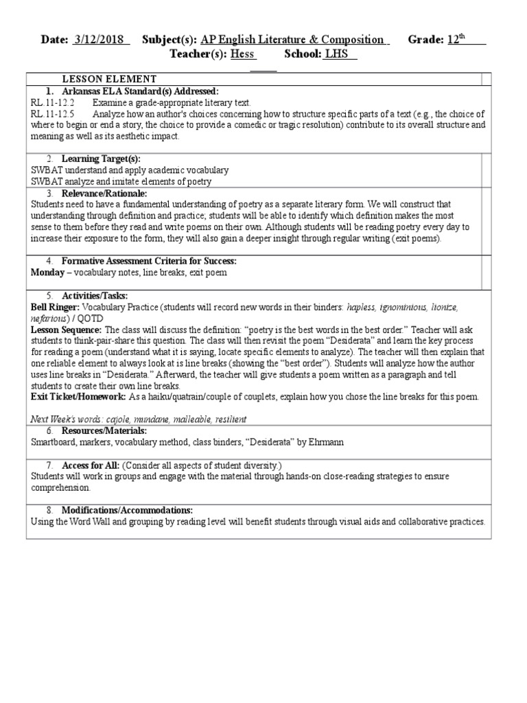 Exit Poem Lesson Plan | Download Free PDF | Poetry | Reading Comprehension