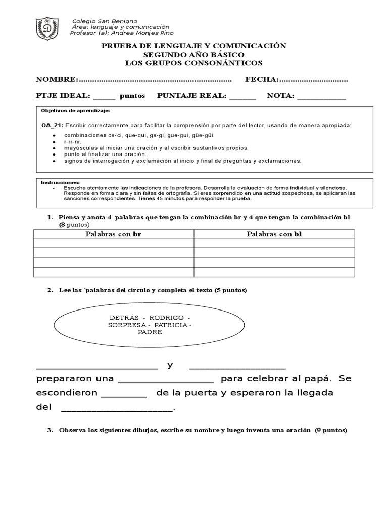 Prueba Grupos Consonanticos | PDF
