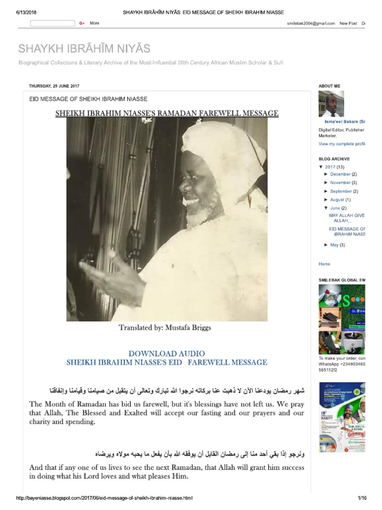 Shaykh Ibrahim Niyas - Eid Message of Sheikh Ibrahim Niasse | PDF