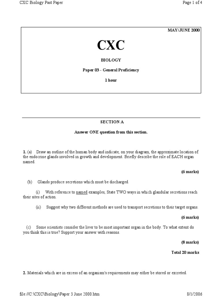 CXC Biology Paper 03 Past Exam 2000 | PDF | Pollination | Parasitism